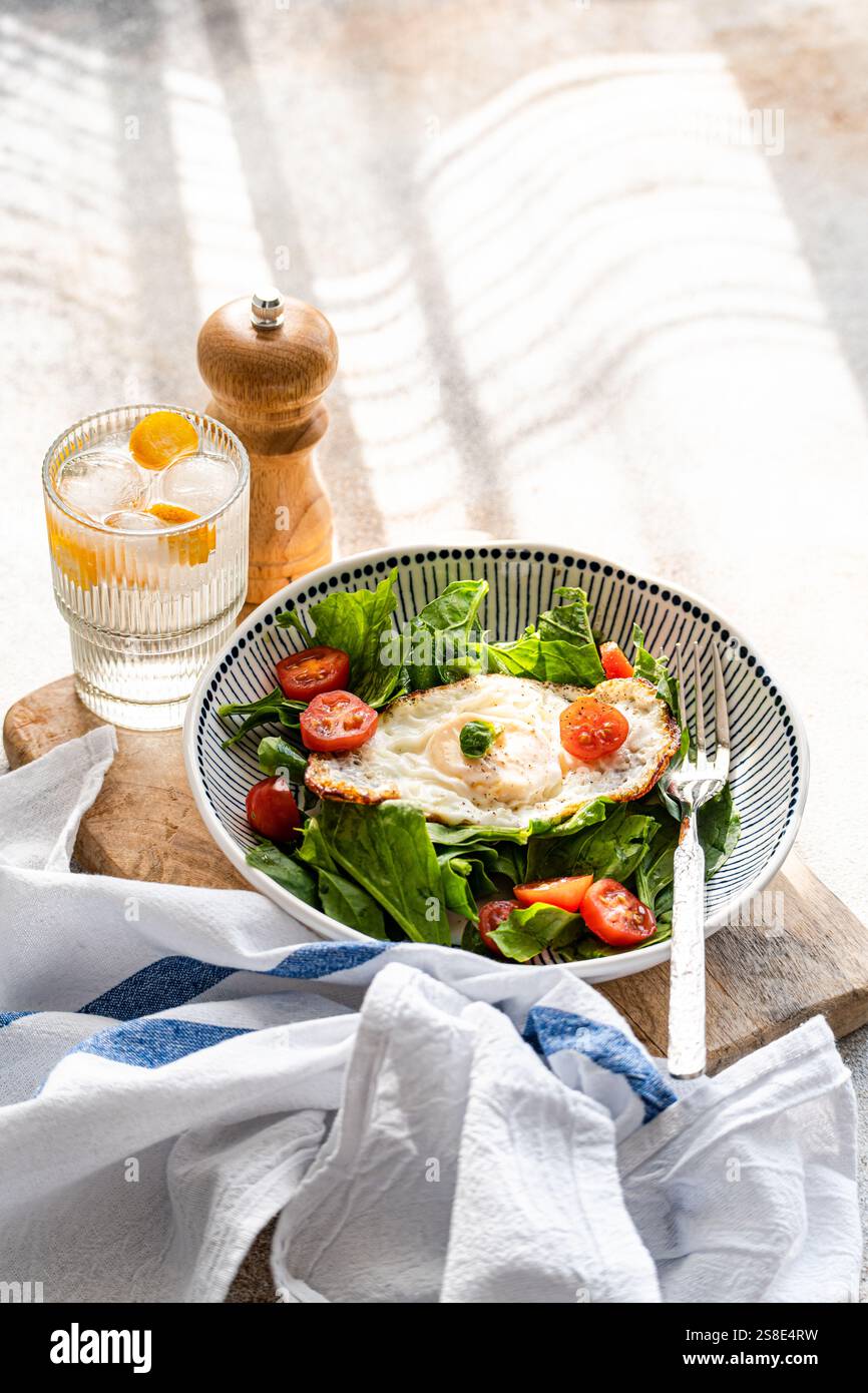 Top view of a refreshing healthy lunch featuring a plate of fresh ...