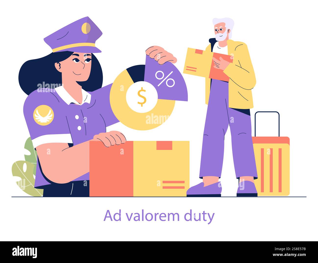 Customs Tariffs concept. A customs officer reviewing percentage tariffs ...