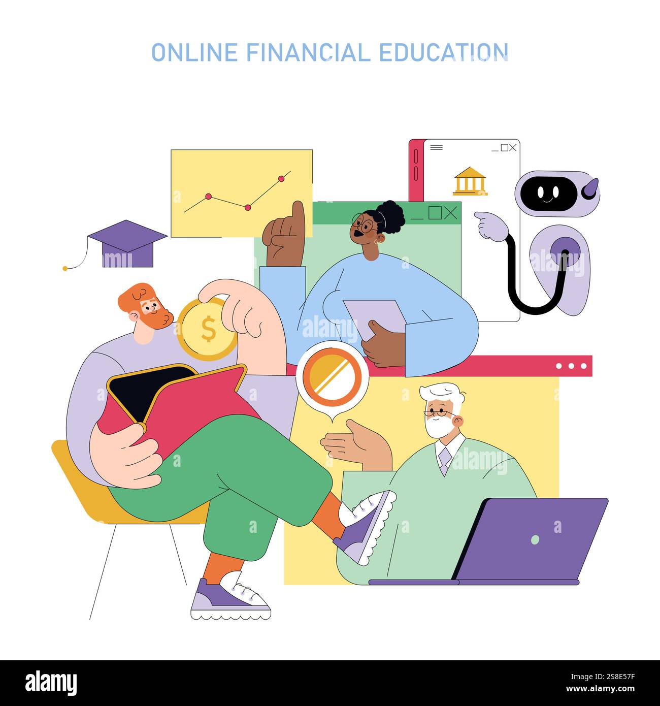 Financial Education Online concept. Diverse characters engaging with ...