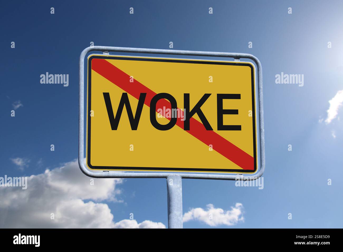 Woke symbol image: The crossed-out term WOKE on a town exit sign ...