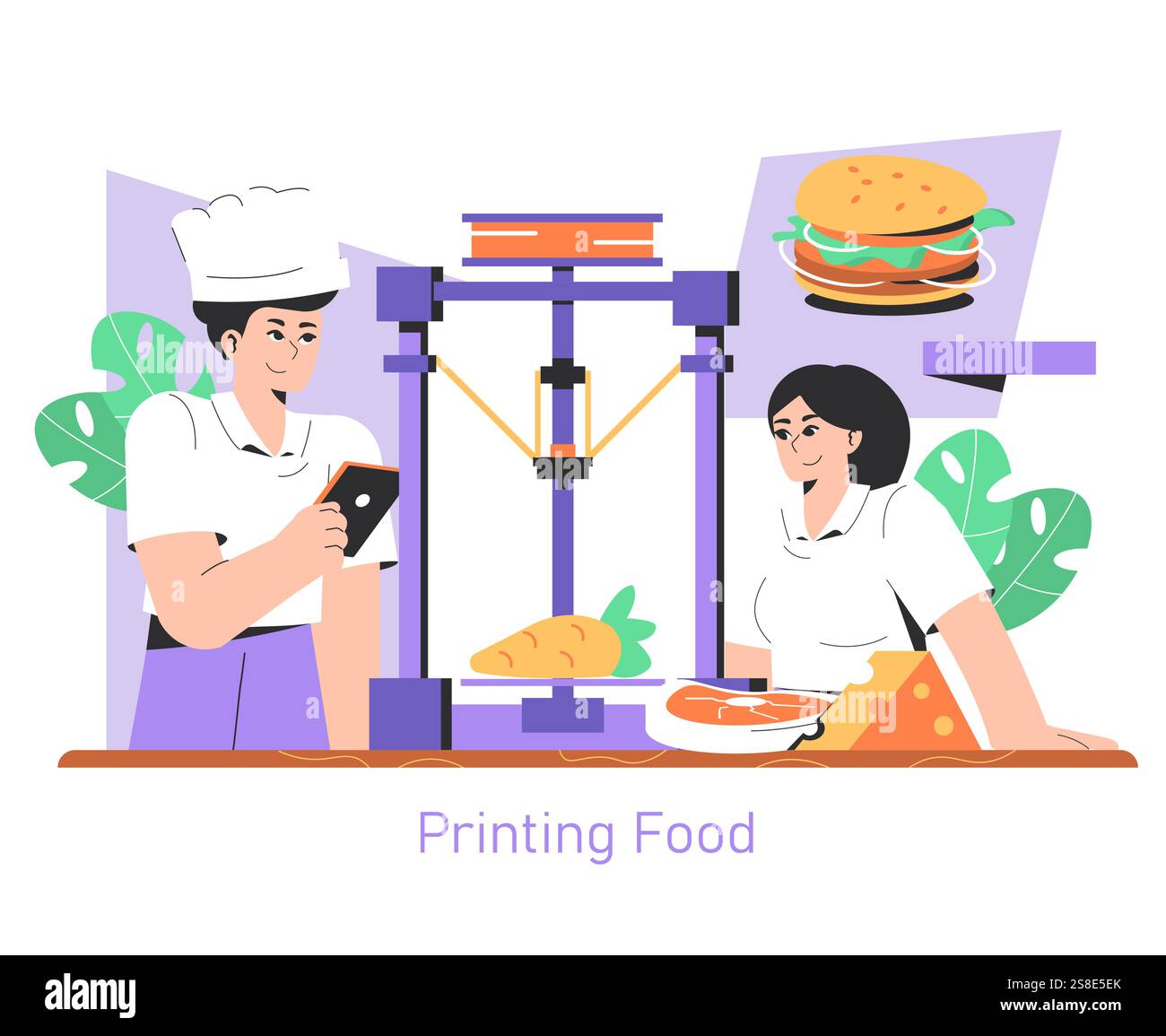 Food Printing concept. Chef and customer watching a 3D printer creating ...