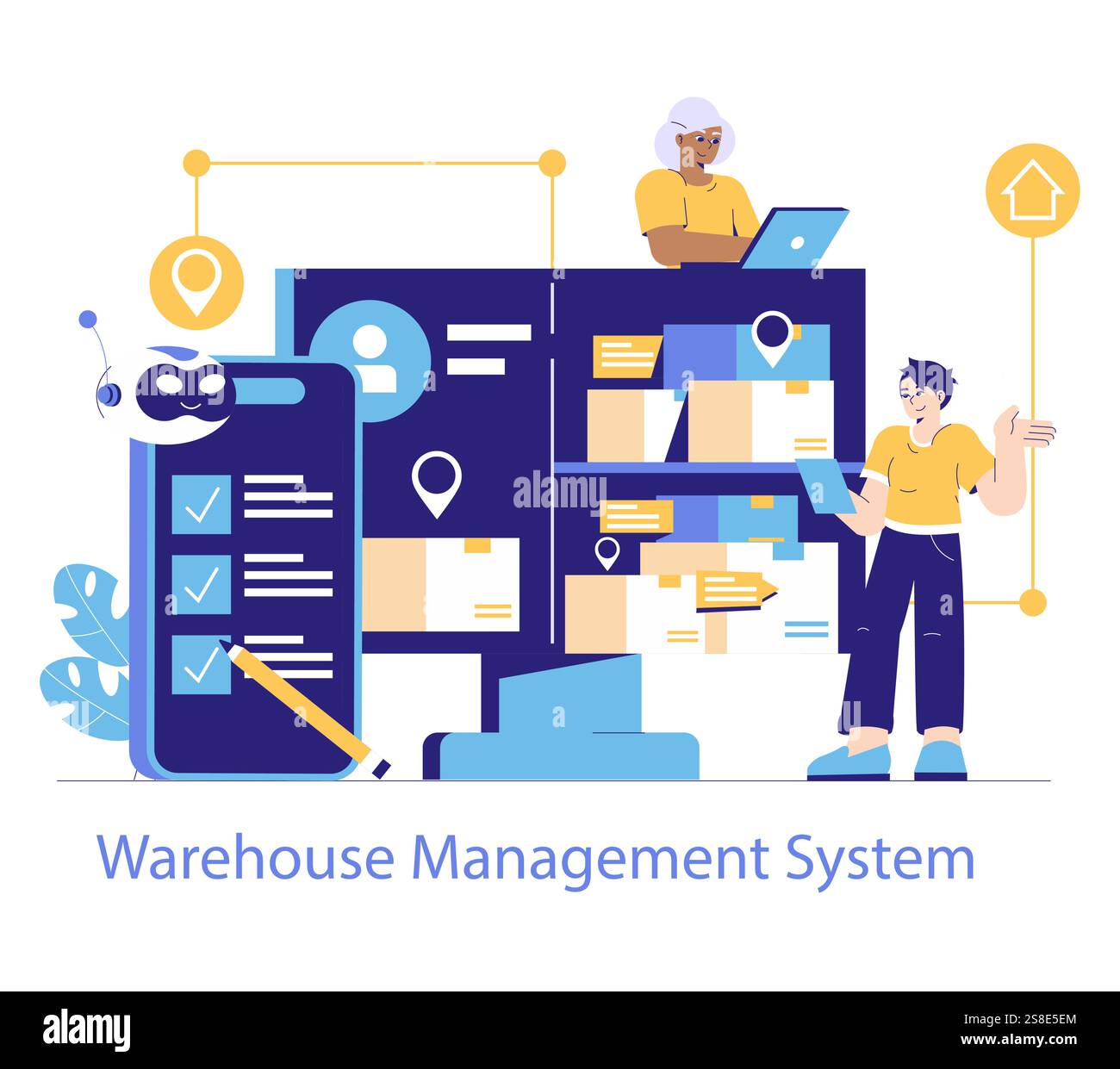 Logistics Automation concept. Efficient warehouse management system with robotics and workers ...