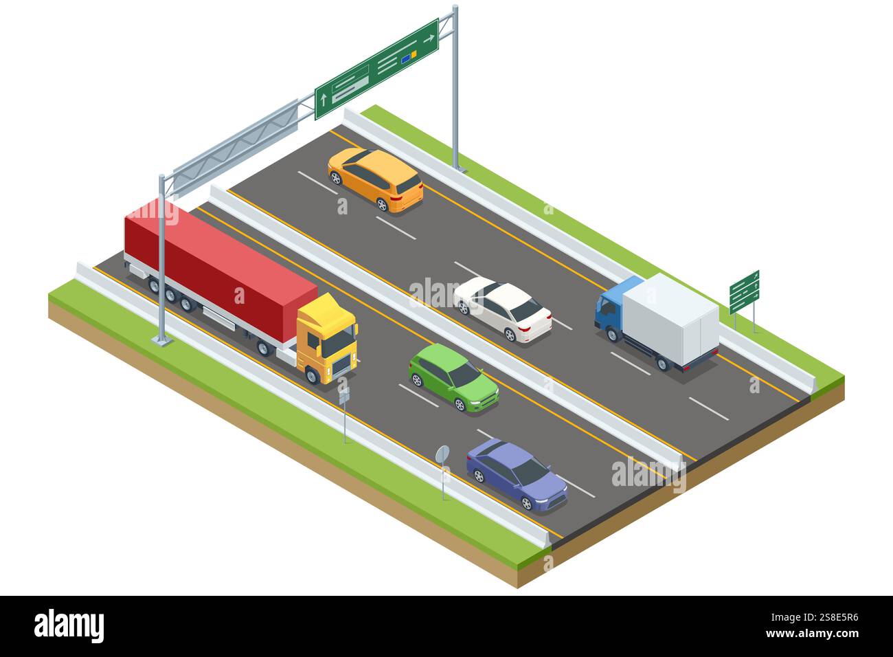 Cars and trucks move on a divided expressway with directional signs ...