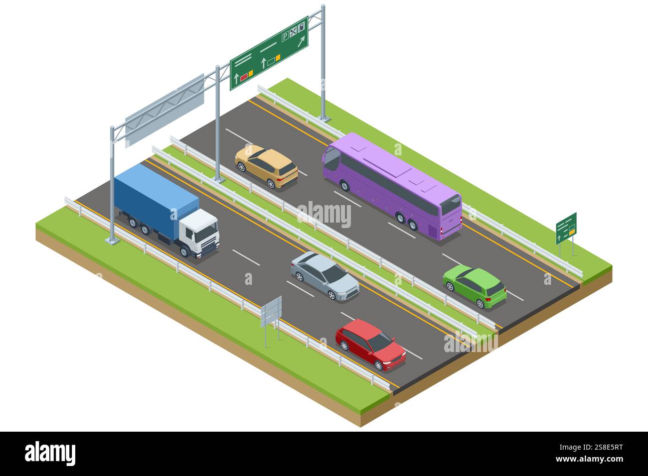 A vibrant expressway scene featuring cars, trucks, and a large purple ...