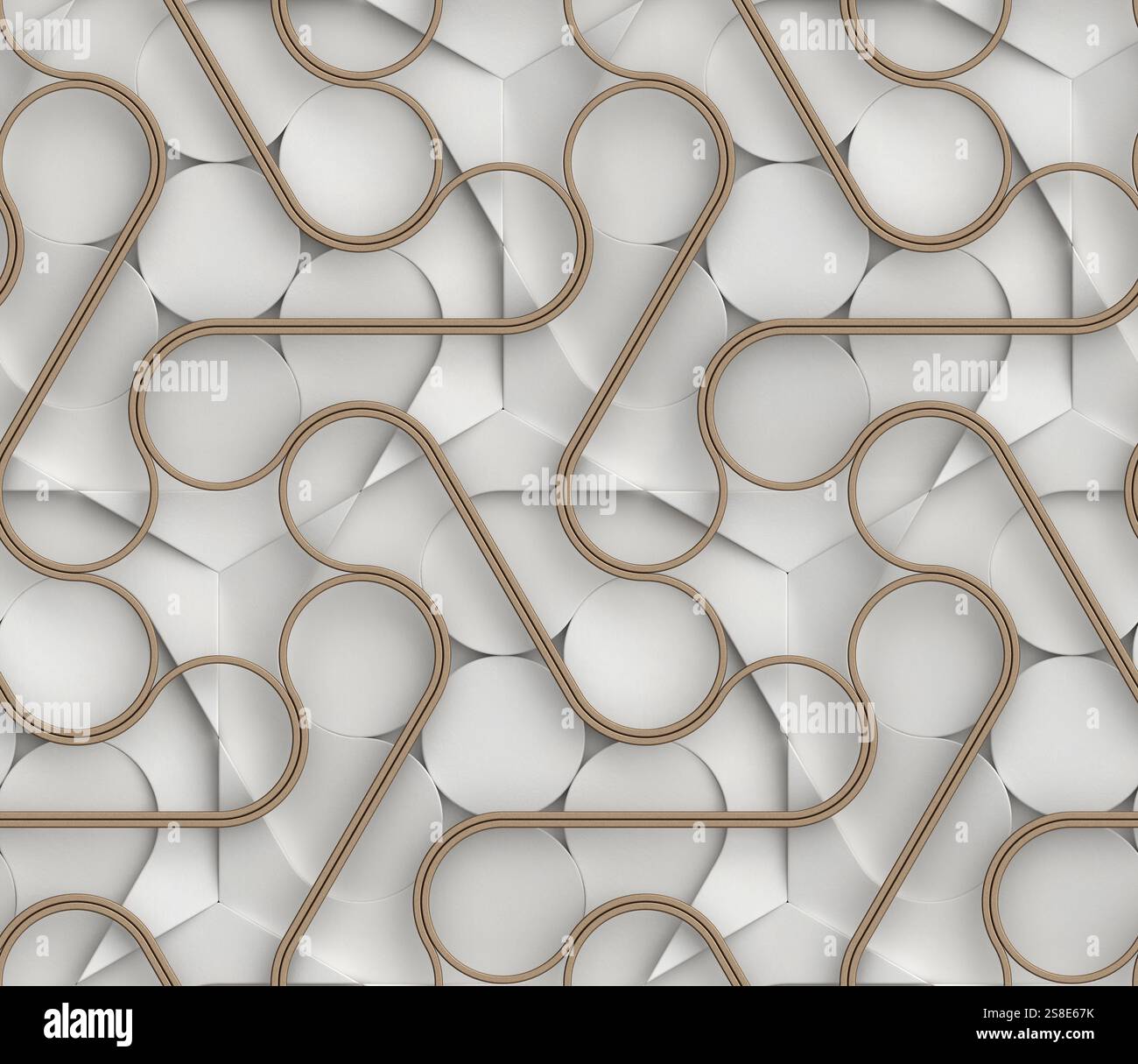 White 3D seamless wallpaper design with interwoven brown ribbon-like ...