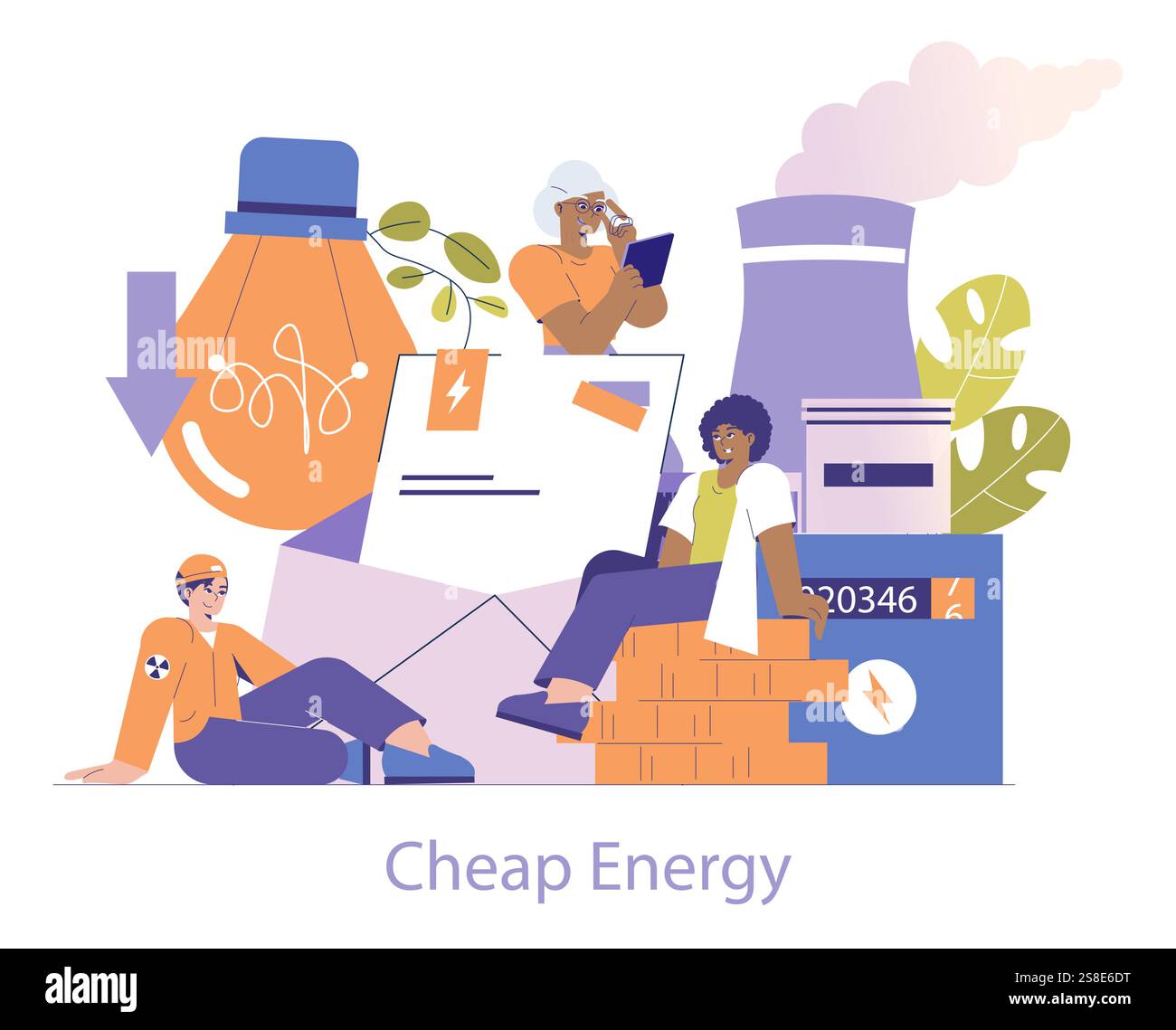 Nuclear power concept. Workers around cooling tower and energy symbols ...