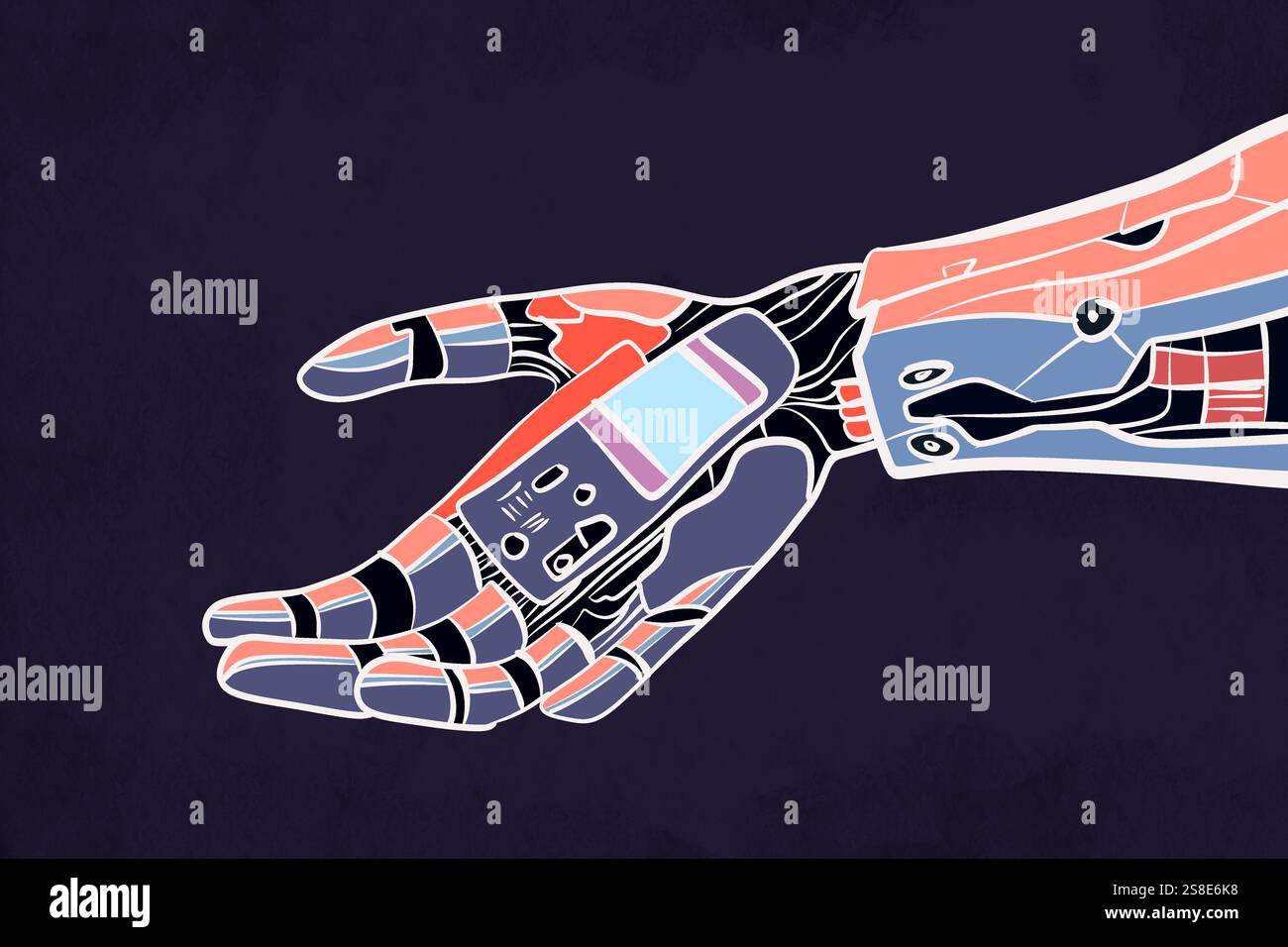 Graphic illustration of a futuristic robotic hand extended forward The ...