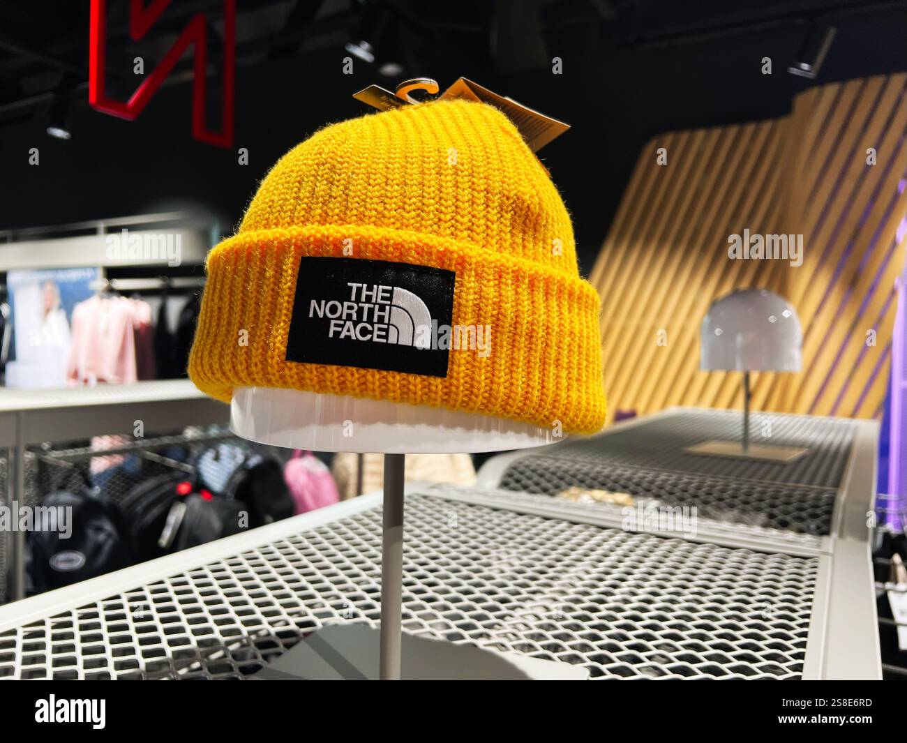 Kyiv, Ukraine - January 21, 2025: Bright yellow knit hat The North Face ...