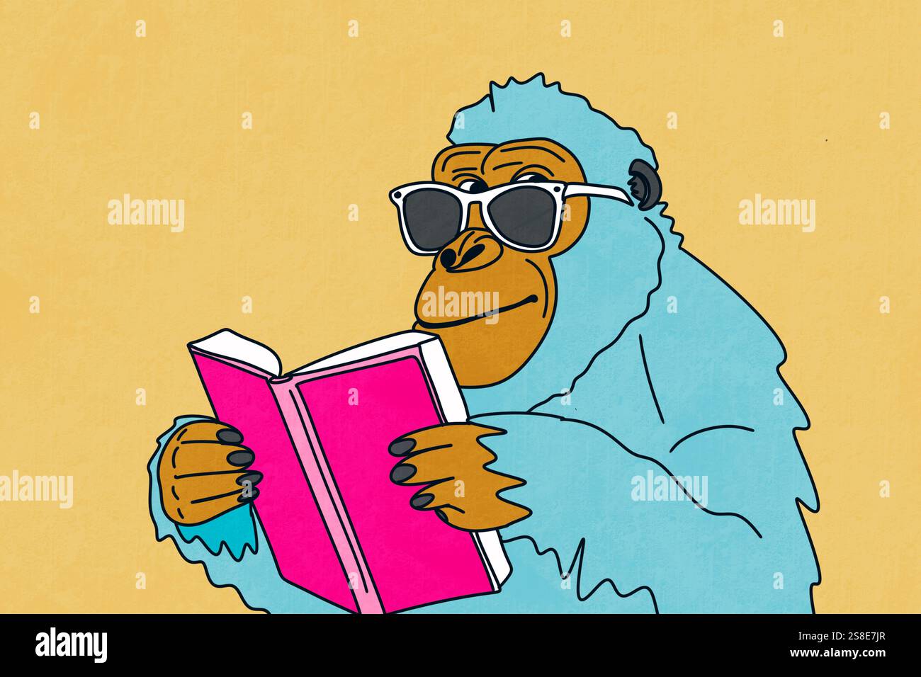 An illustration of a gorilla wearing sunglasses, reading a pink book ...