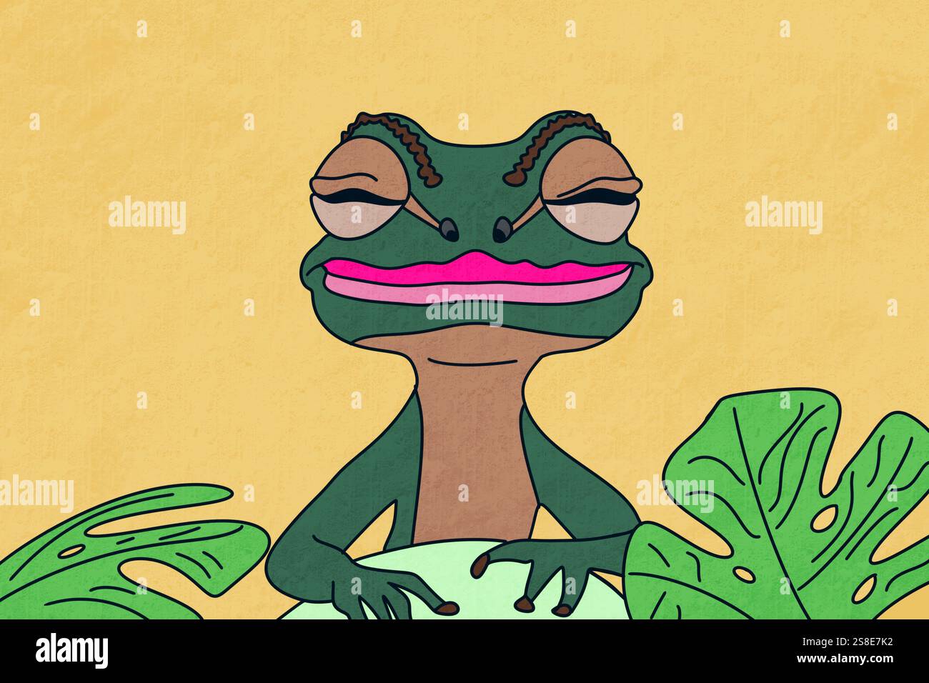 A playful cartoon frog with exaggerated pink lips and sleepy eyes sits ...