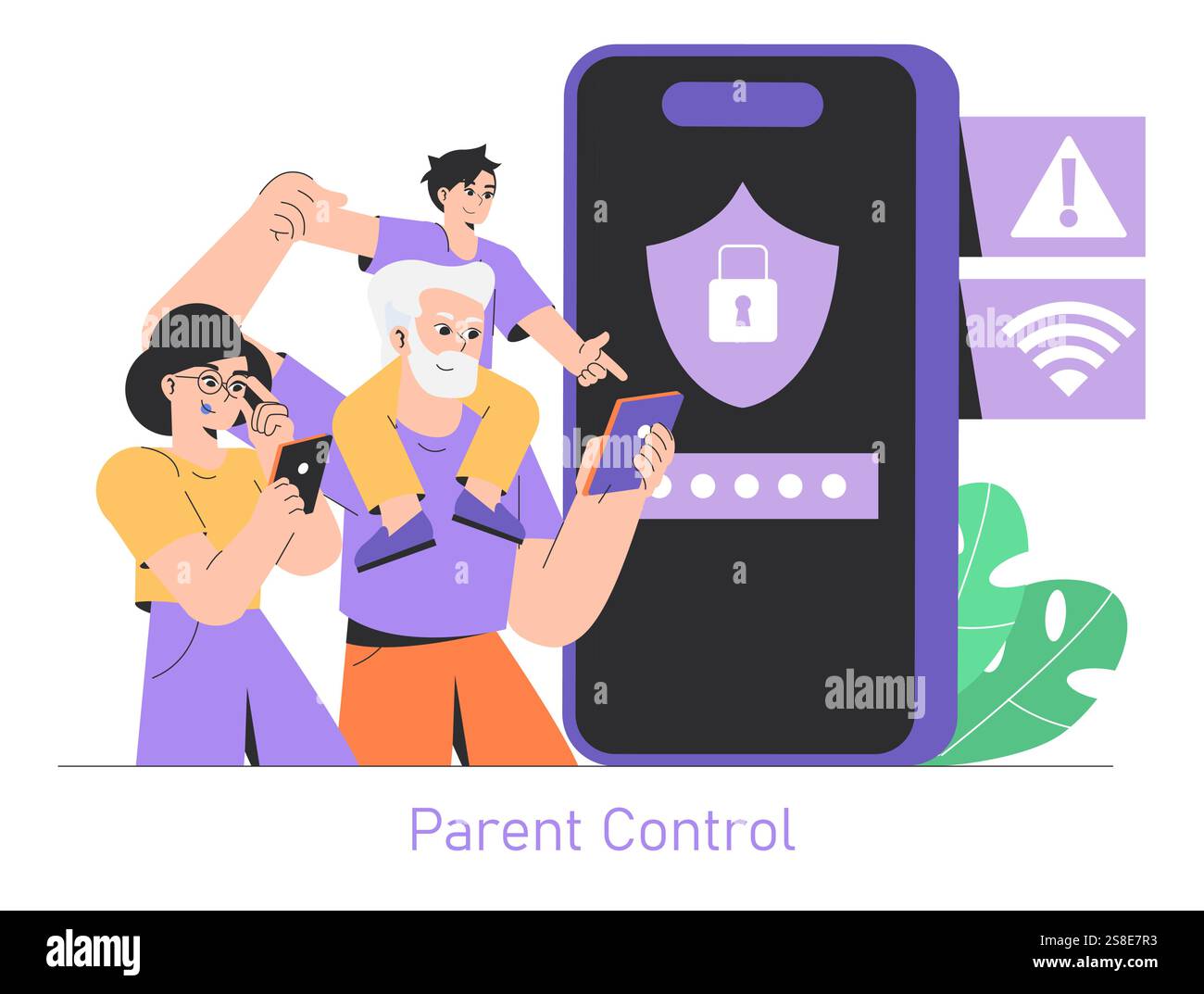 Safety Internet Day concept. Illustration of a family engaging with ...