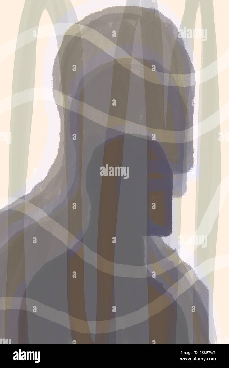 This illustration captures a mysterious, shadowy figure obscured by ...