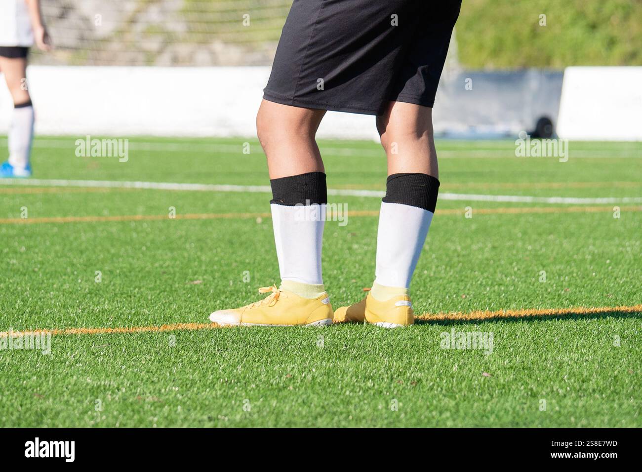 A soccer player stands on a vibrant green soccer field, wearing yellow ...
