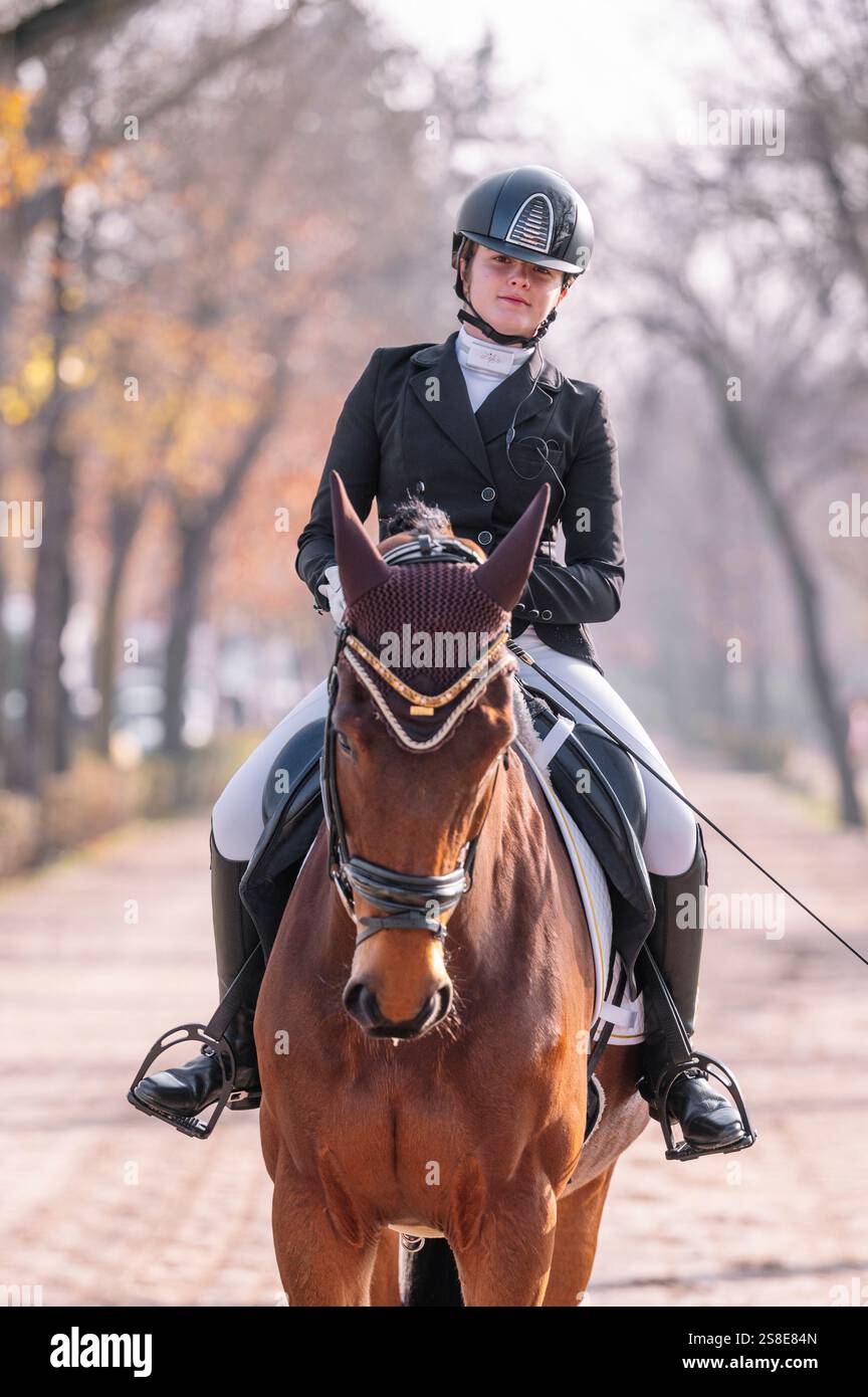 A teenage girl dressed in classical dressage attire rides a brown horse ...