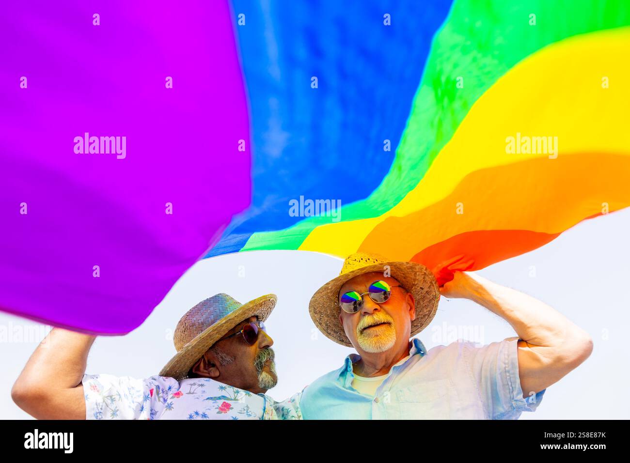 From below elderly gay couple, both men, enjoys a sunny day outdoors ...
