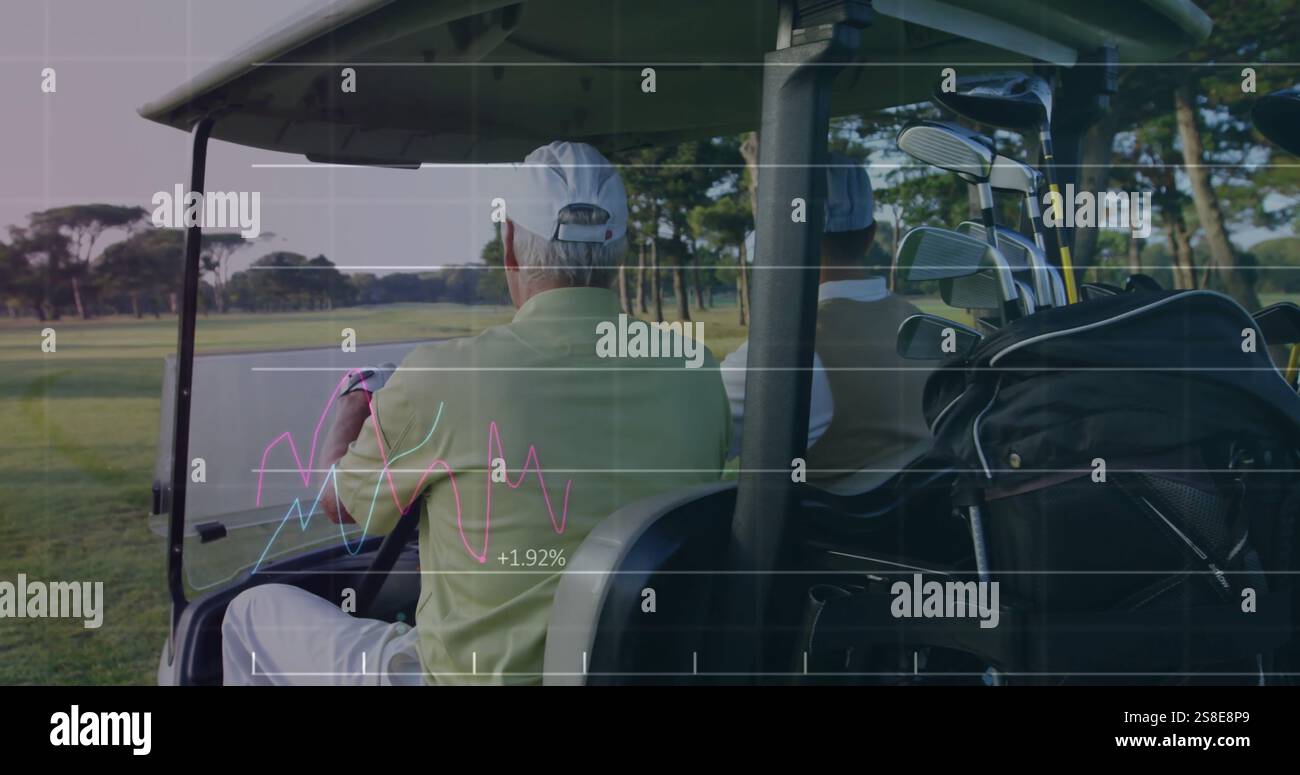 Image of digital data processing over caucasian golf players in caddy ...