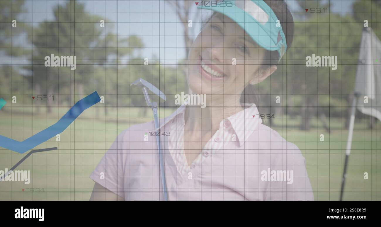 Image of digital data processing over caucasian female golf player on golf course. Global sports ...