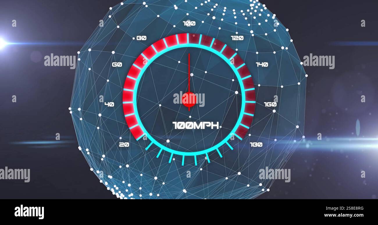 Image of internet speedometer and network of connections over globe ...