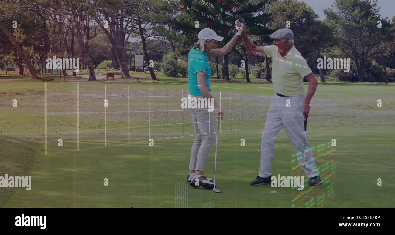 Image of digital data processing over caucasian golf players in caddy on golf course Stock Photo ...
