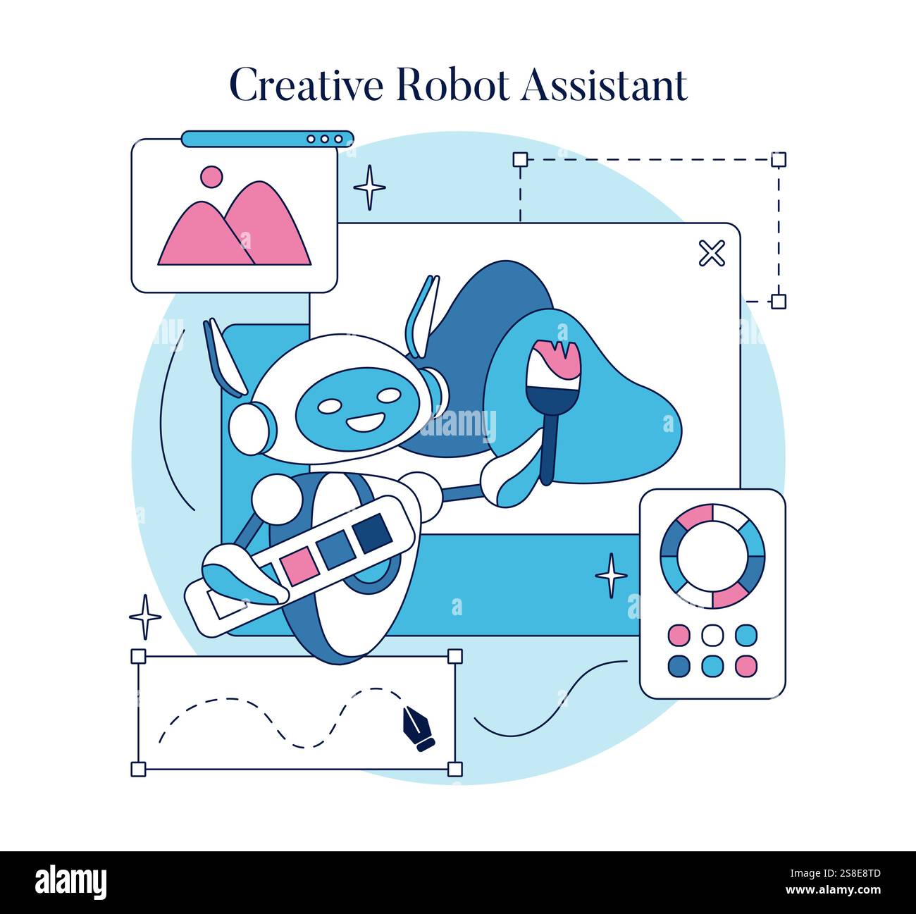 Automation in creativity concept. A robot painting on a digital tablet ...