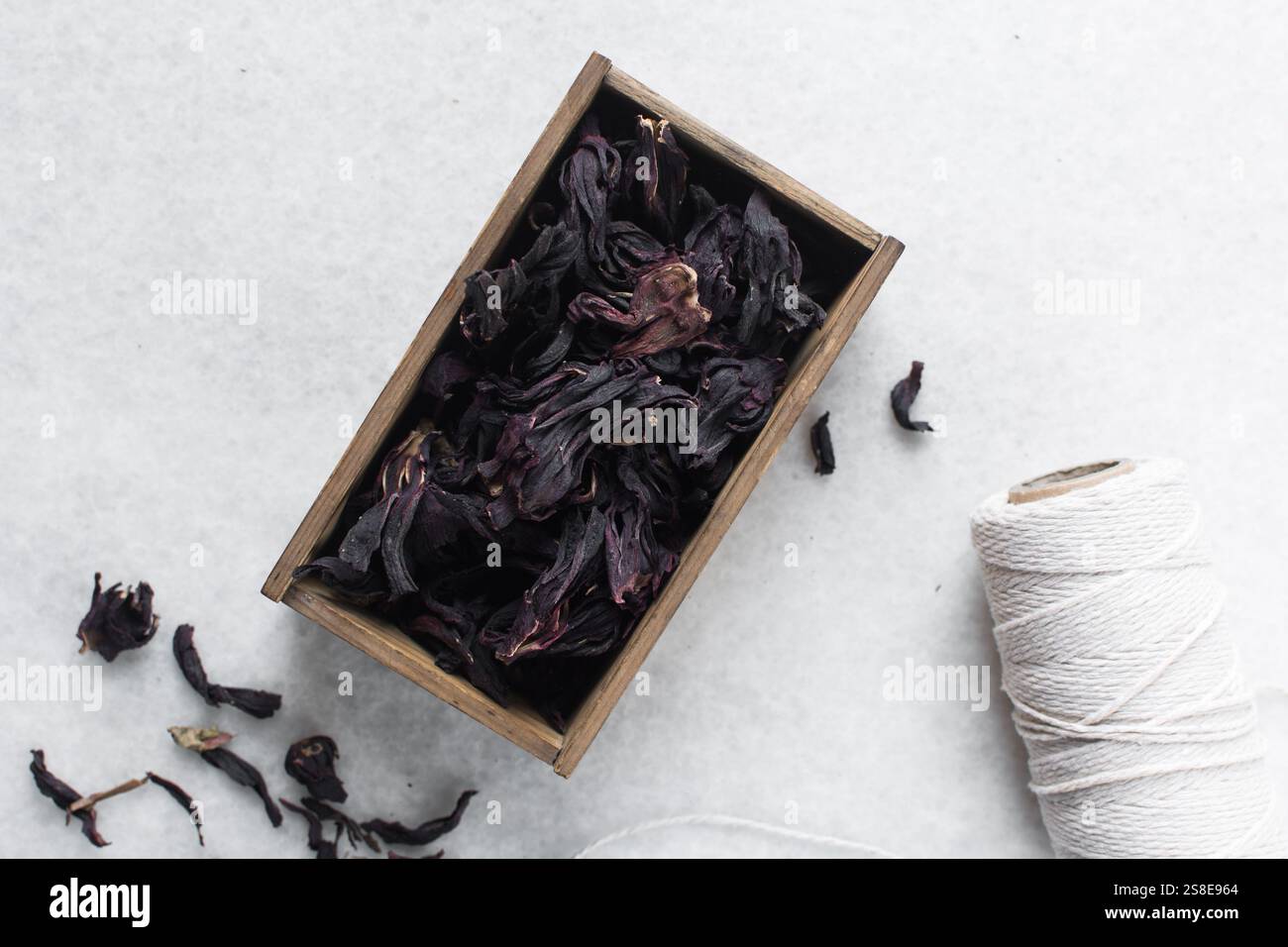Overhead view of dried roselle in a wood box, top view of dried ...