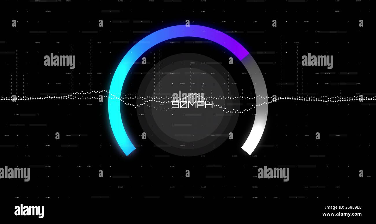 Image of speedometer numbers and data processing over black background Stock Photo - Alamy