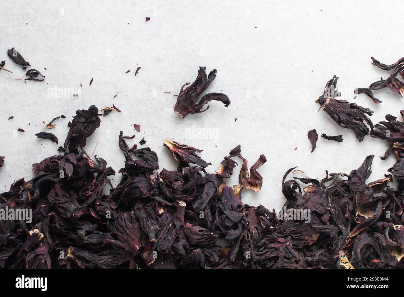 Overhead view of dried roselle, top view of dried hibiscus and Sorrel ...