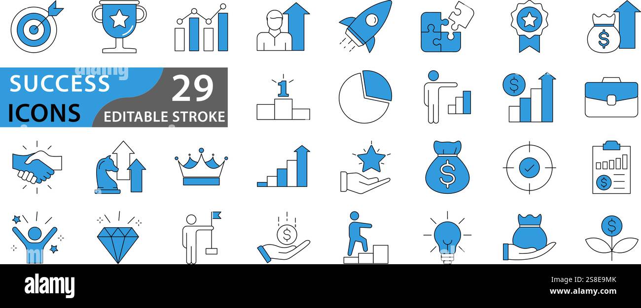 Success icon set. Successful business development, plan and process ...