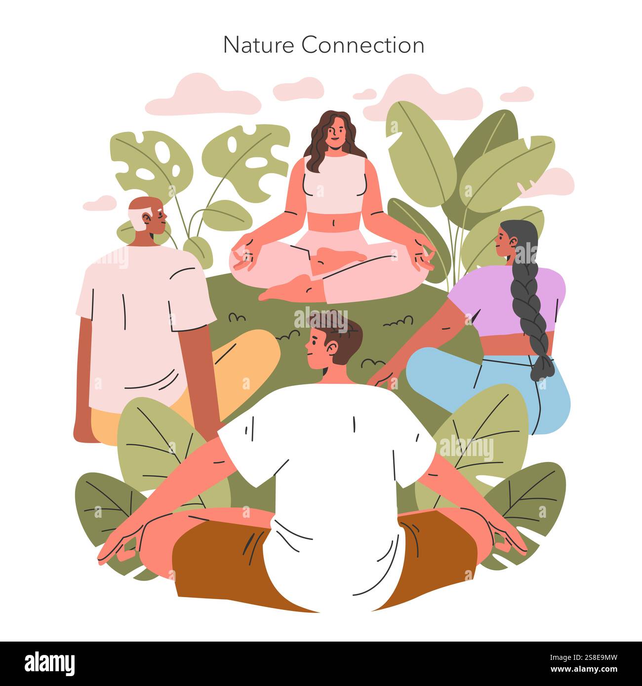 Spiritual Practices concept. Group meditation and connection with nature. People practicing ...