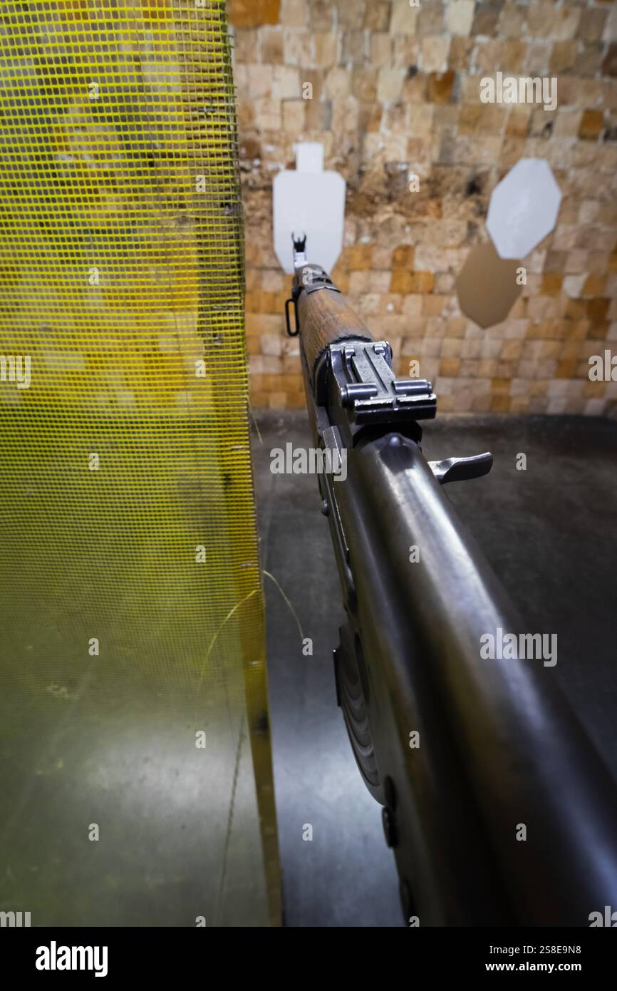 Shooting at a shooting range with an old AK 47 rifle, first person view ...