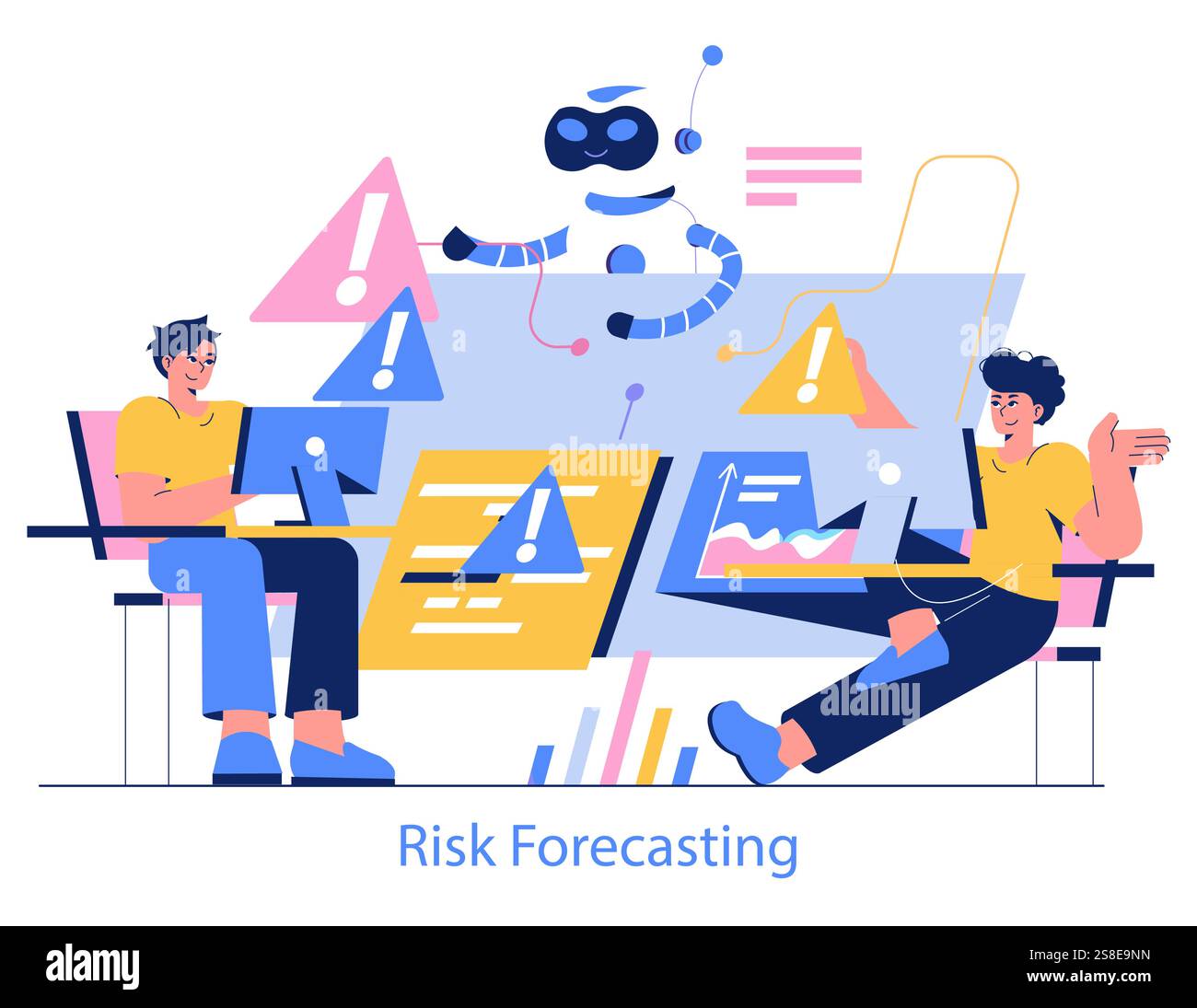 Risk Forecasting concept. Team analyzes potential threats with AI assistance. Data-driven ...