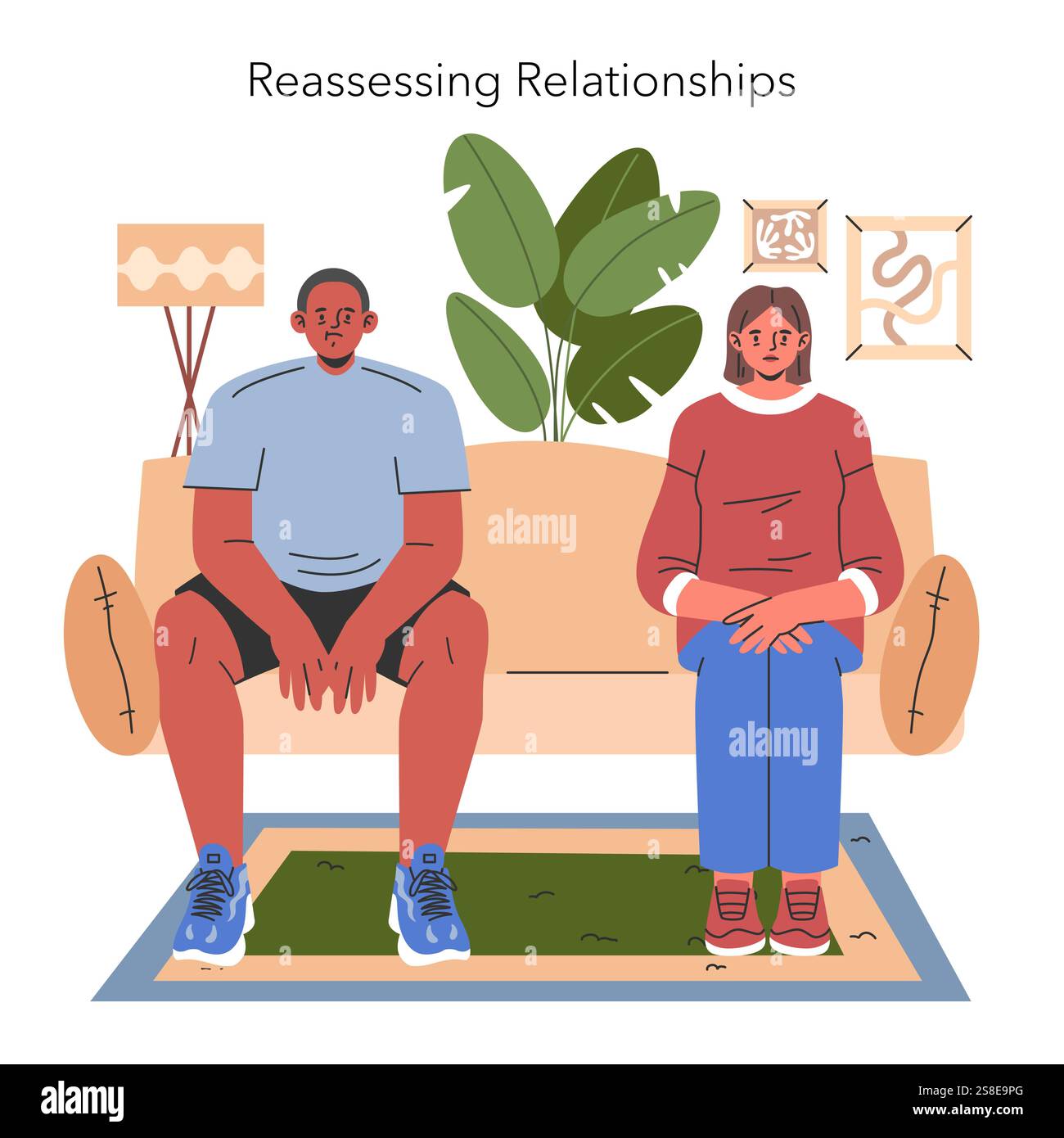 Midlife Crisis concept. Couple on sofa in contemplation, portraying the introspective phase of ...