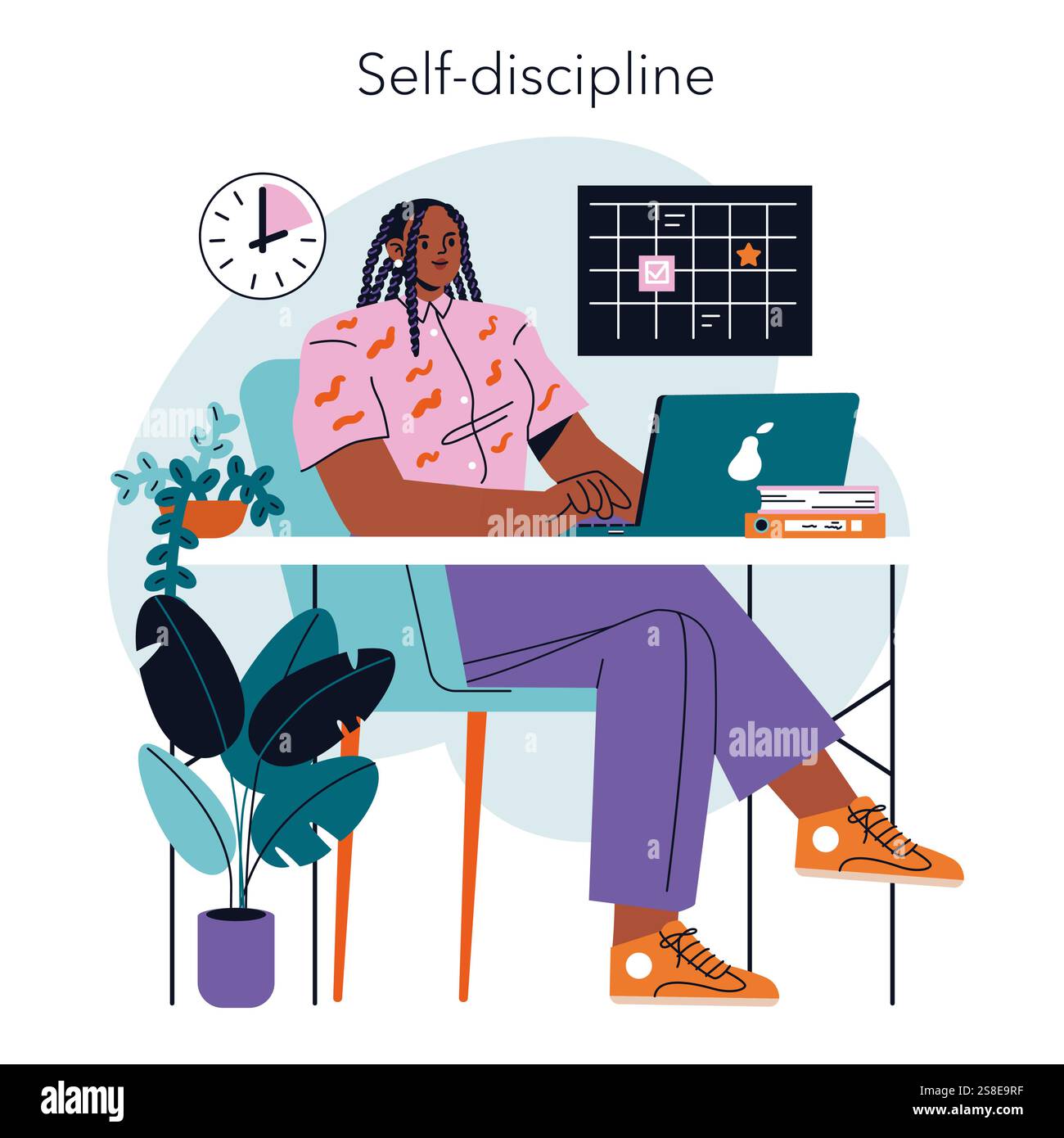 Remote Work concept. Woman at desk maintaining productivity with ...