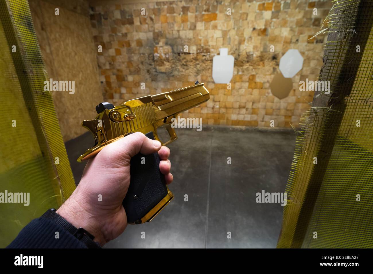 Shooting a powerful gold-colored pistol at a shooting range Stock Photo ...