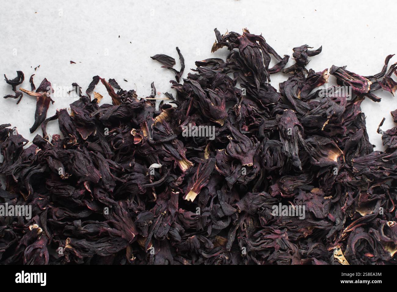 Overhead view of dried roselle, top view of dried hibiscus and Sorrel ...