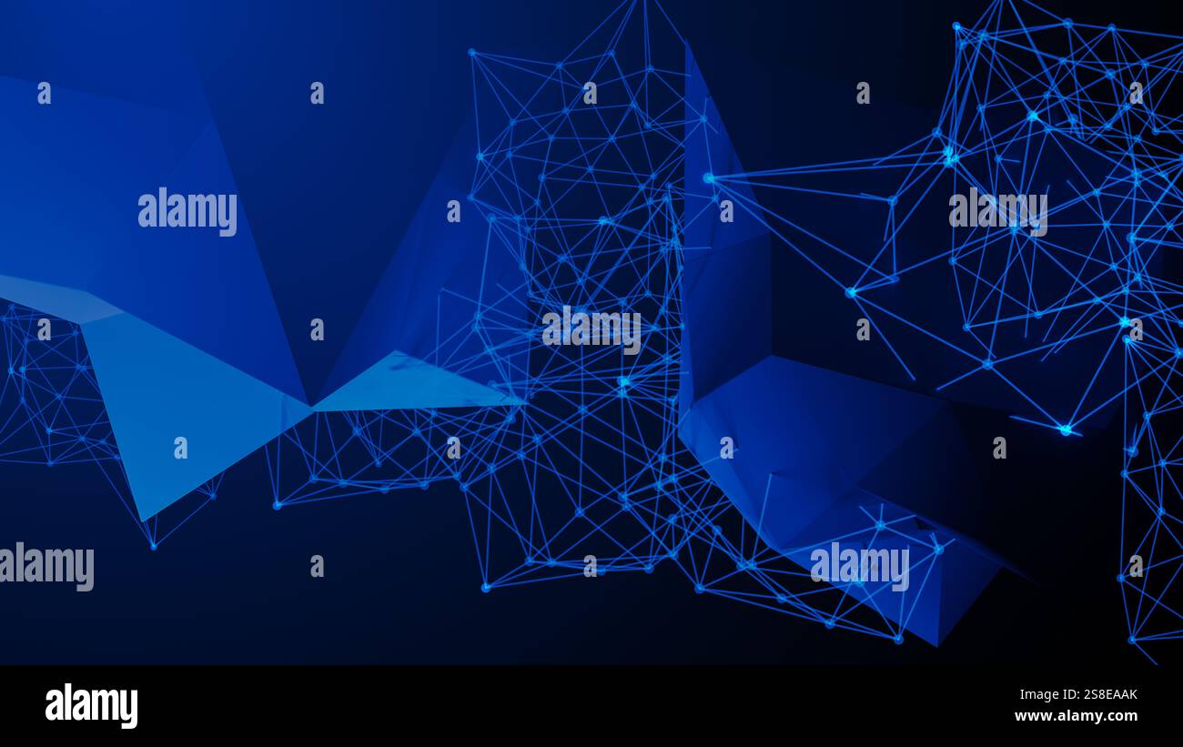This composition features an intricate design of blue geometric shapes ...