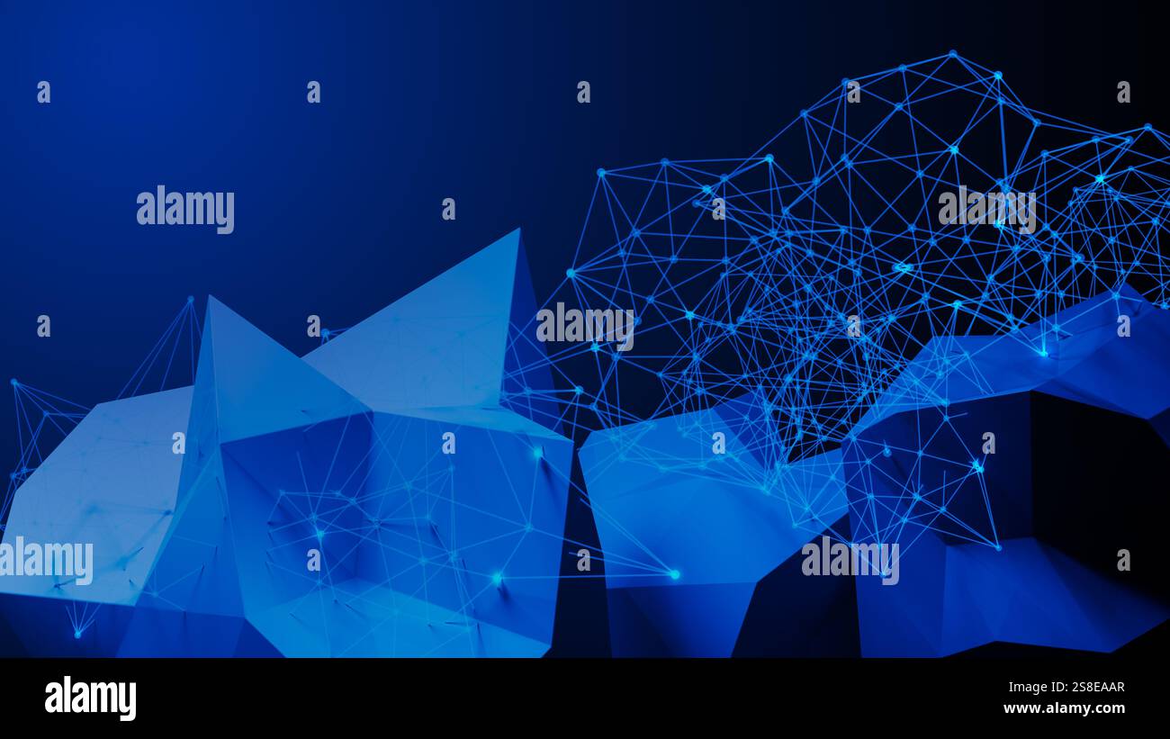 This composition features an intricate design of blue geometric shapes ...