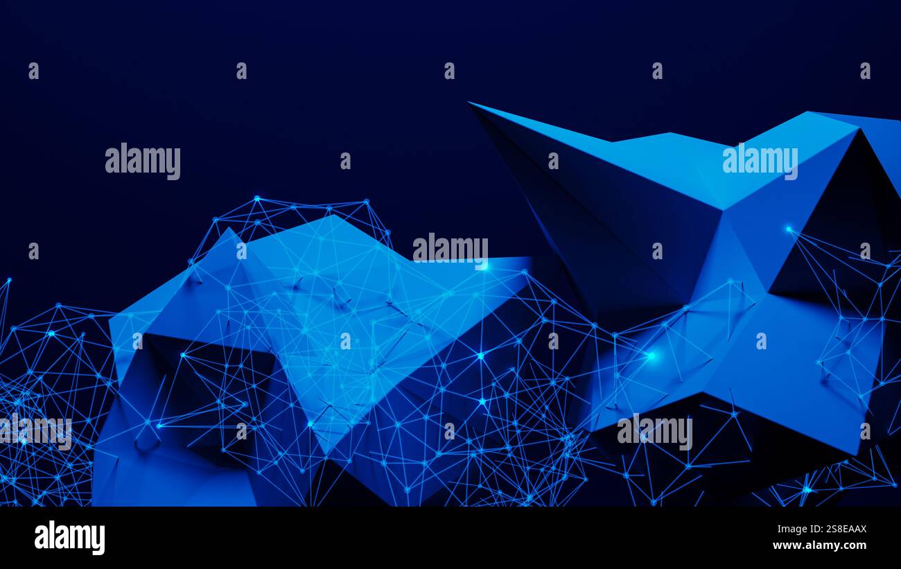 This composition features an intricate design of blue geometric shapes ...