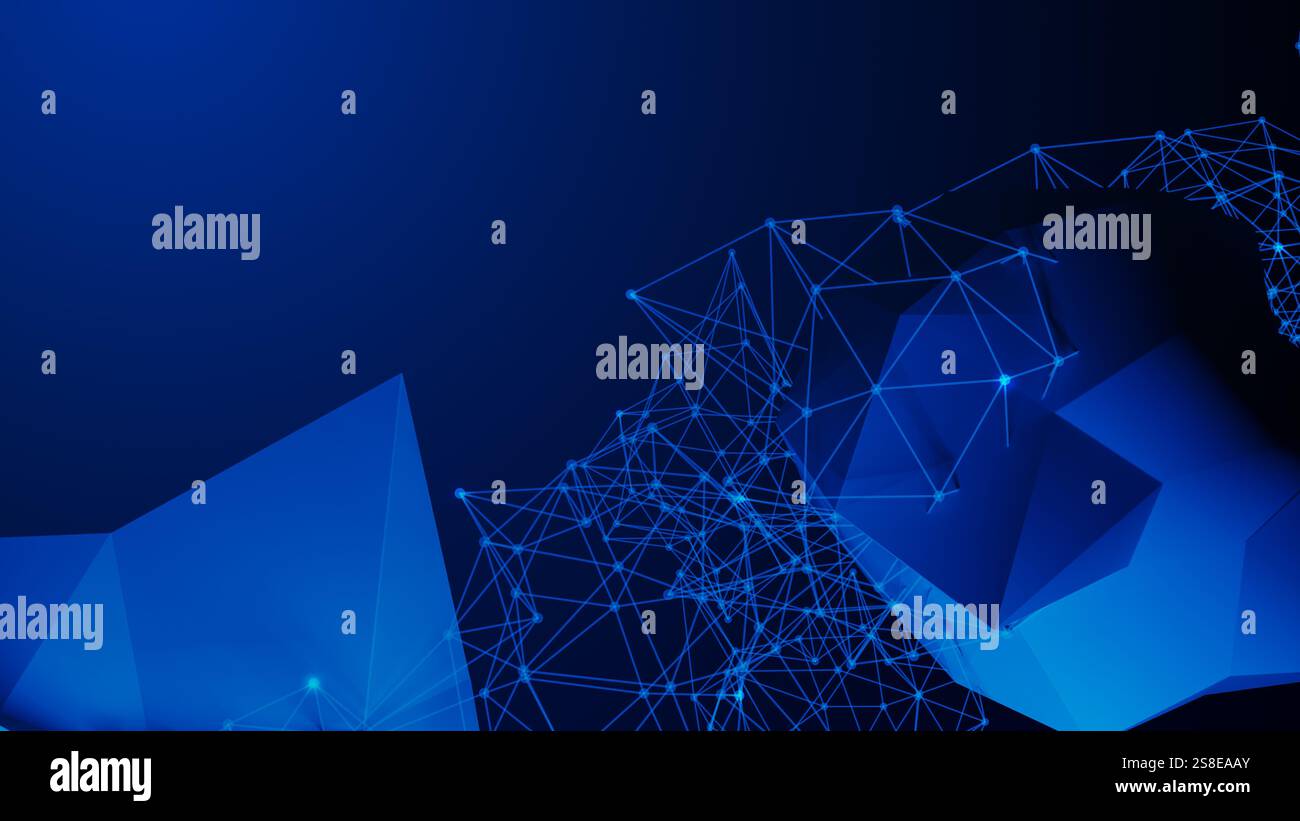 This composition features an intricate design of blue geometric shapes ...