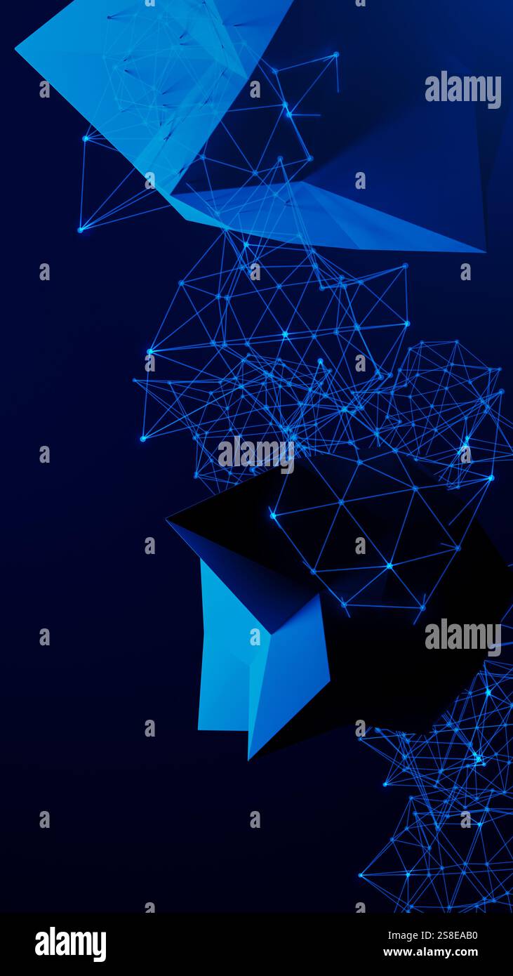 This composition features an intricate design of blue geometric shapes ...