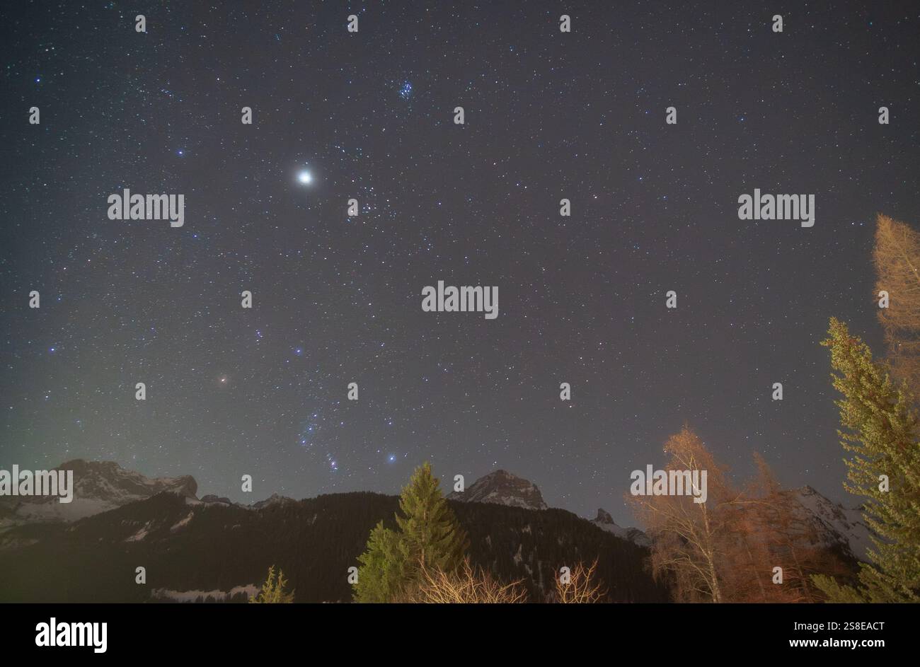 The constellations of Orion and Taurus shine brightly in the night sky ...