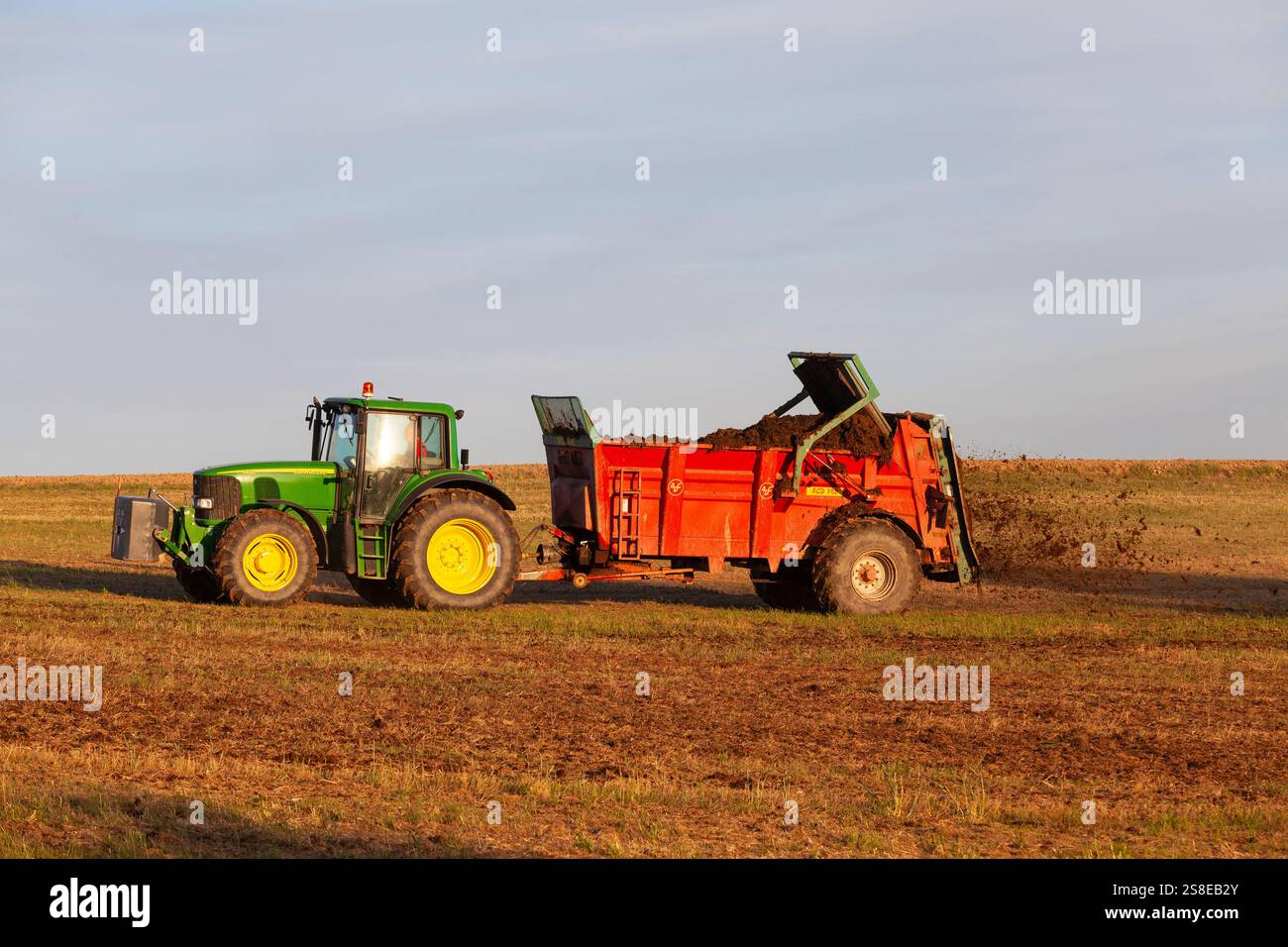 Farmer using a muck spreader to spread fresh cow manure over his fallow ...