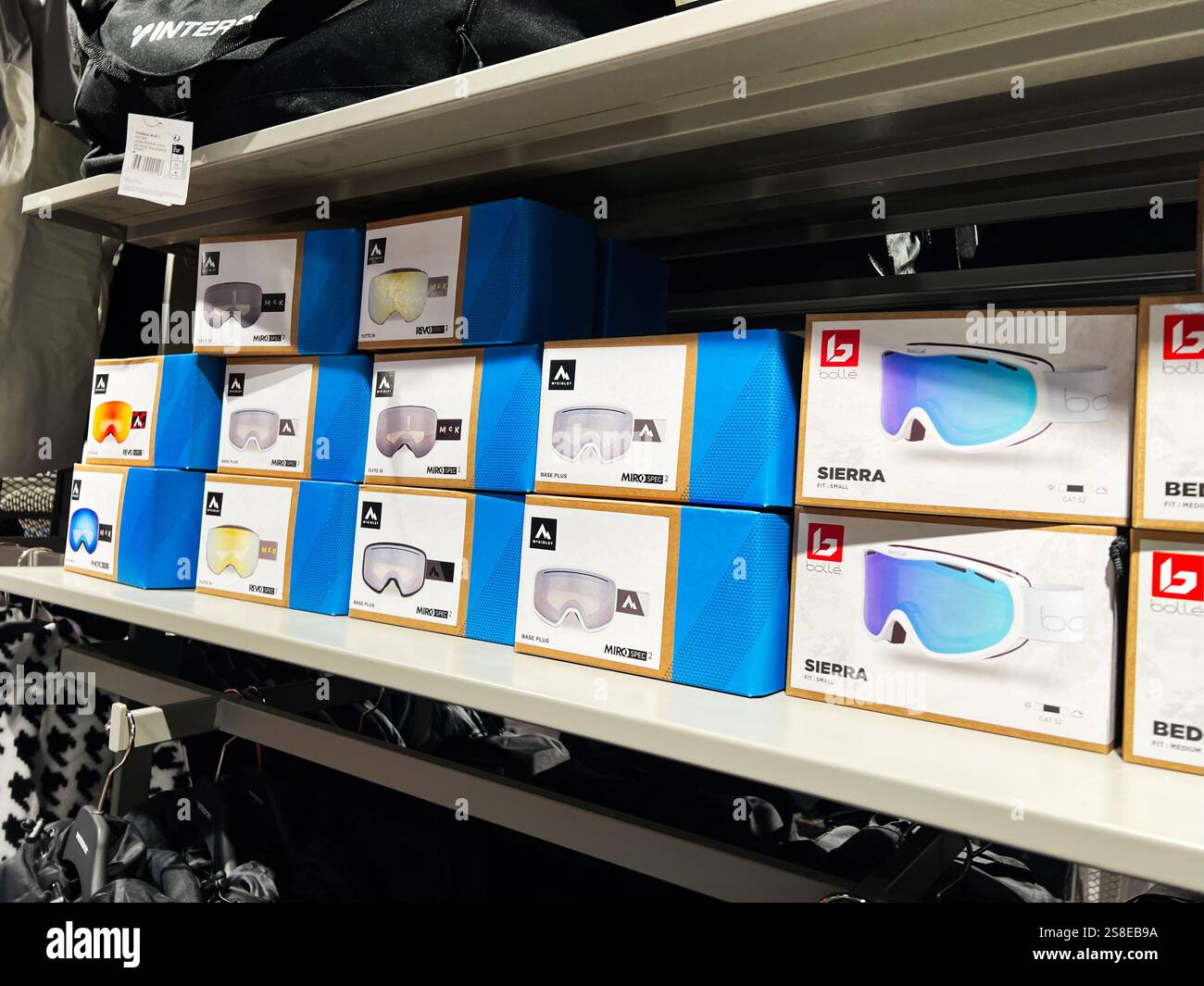 Kyiv, Ukraine - January 21, 2025: A display of various ski and ...