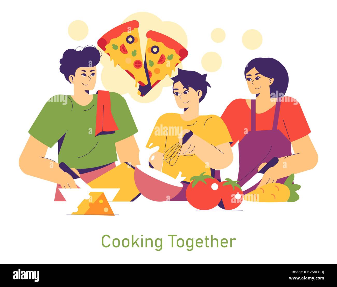 National Pizza Day celebration with friends in the kitchen. A joyful ...