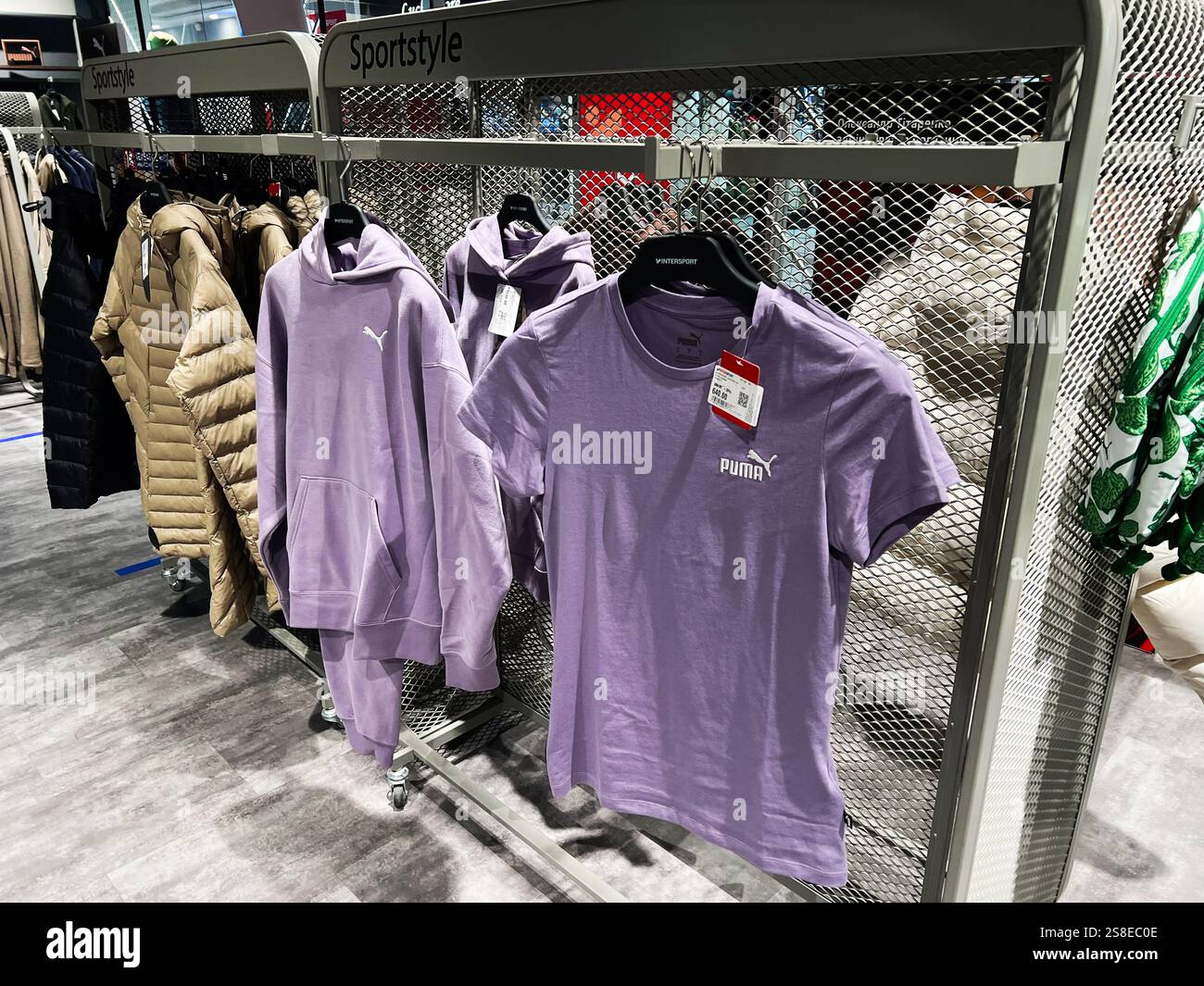 Kyiv, Ukraine - January 21, 2025: Display of purple Puma sportswear on ...