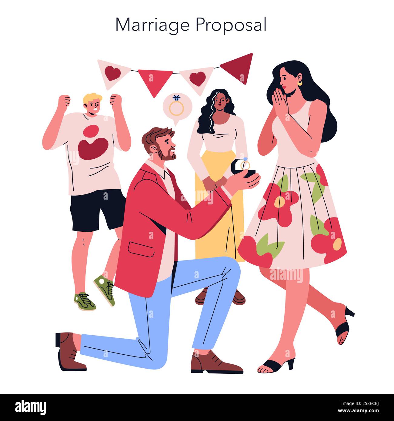 A wonderfully joyful marriage proposal scene with friends joyfully ...