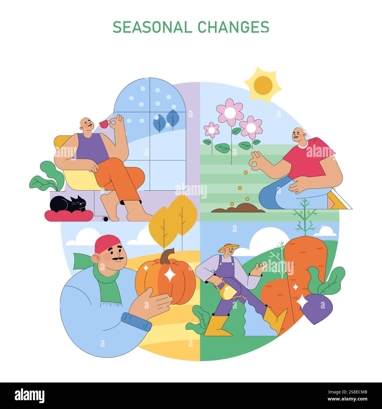 Seasonal Changes concept. Illustration portraying activities through ...