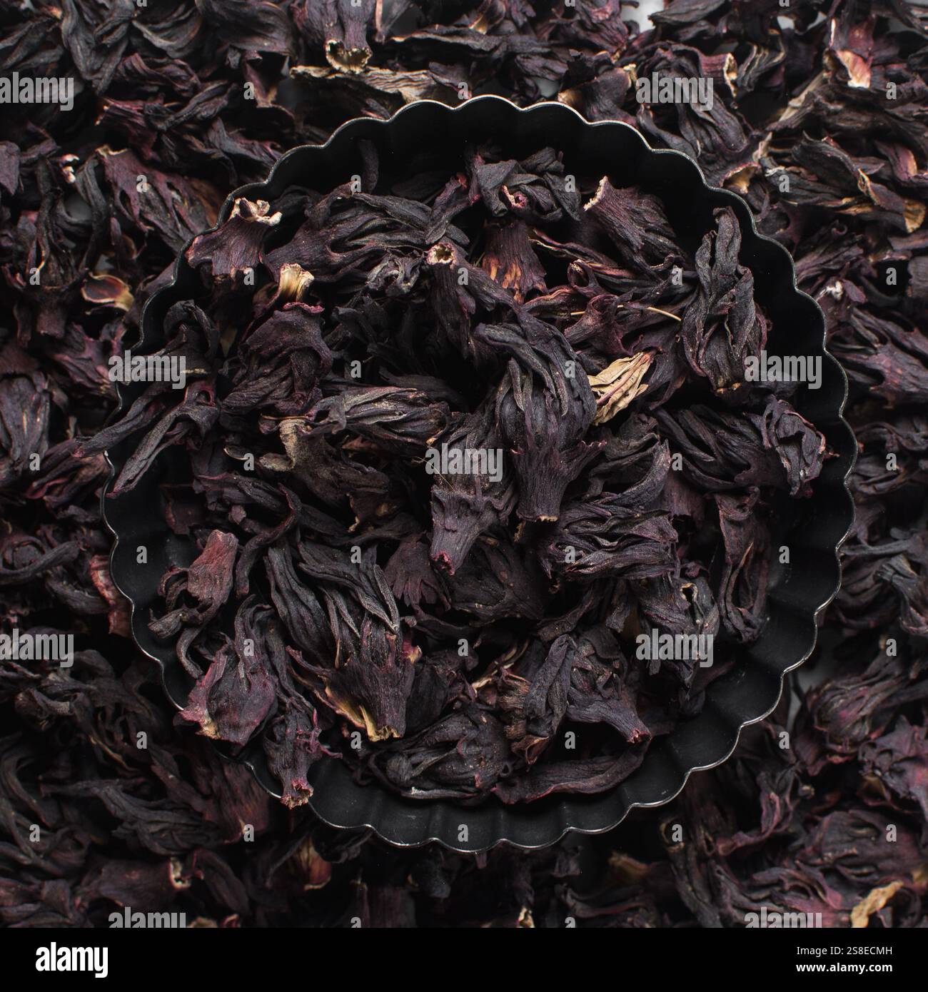 Overhead view of dried roselle, top view of dried hibiscus and Sorrel ...