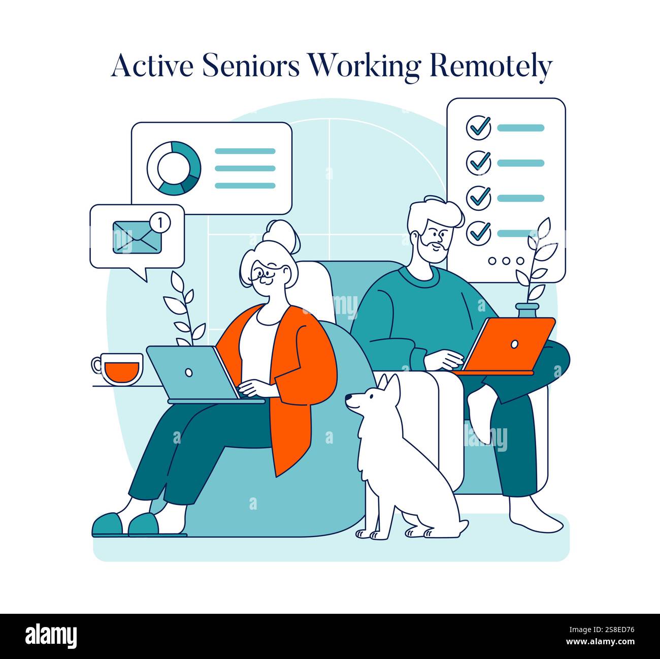 Senior couple embracing remote work lifestyle, comfortably working on ...