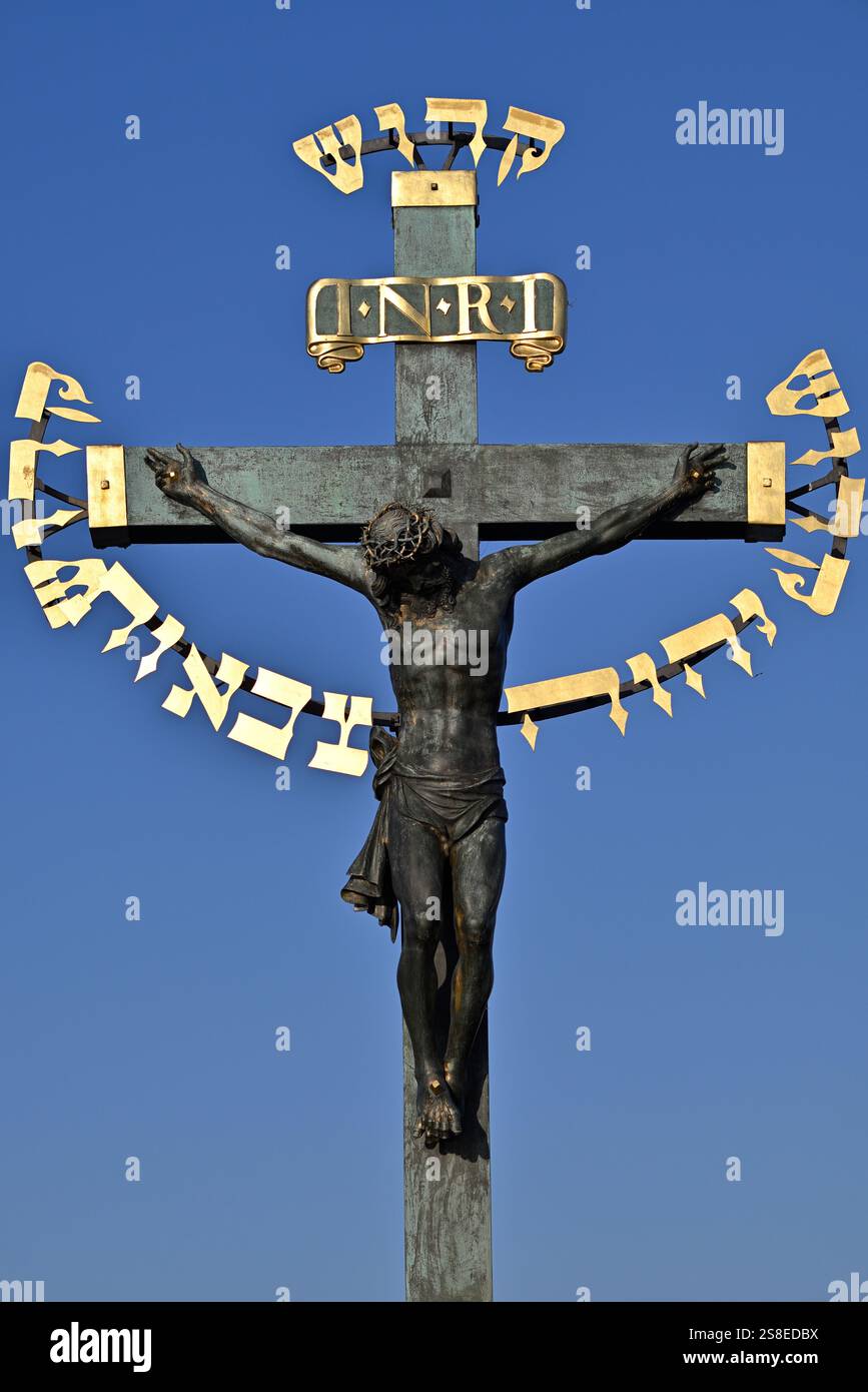 Statuary of the Holy Crucifix and Calvary mounted to the balustrade of ...